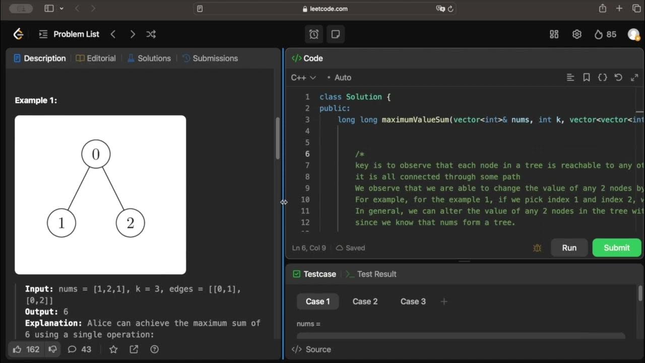 Leetcode 3068 - Find the Maximum Sum of Node Values [19/5/24] - YouTube