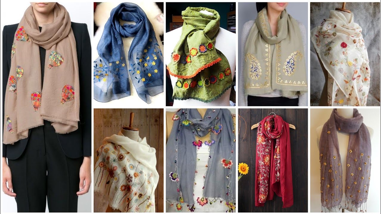 Very Stylish And Attractive Hand Embroidered Scarf With Crochet Lace ...