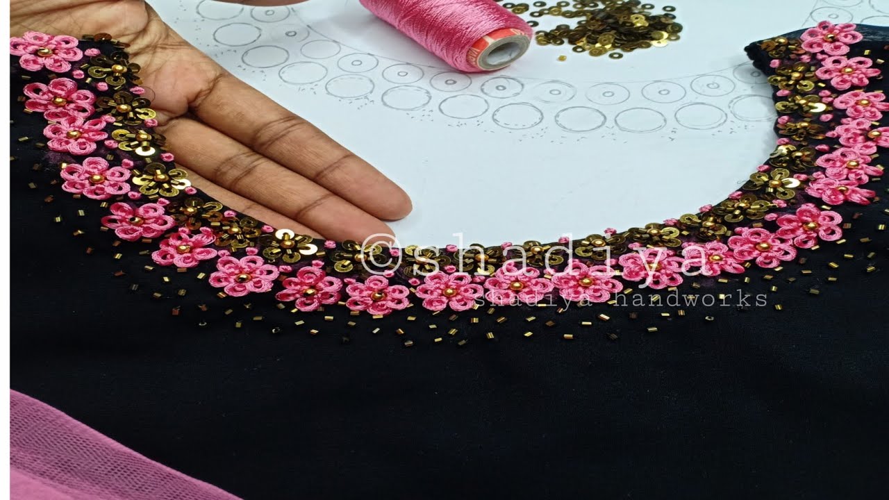 Hand embroidery silk thread ring knot flower neck design for kurti ...