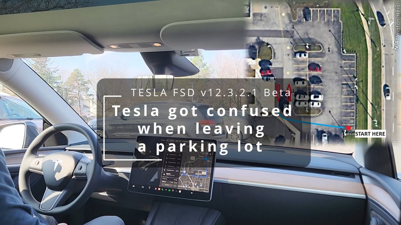 Tesla got confused when leaving a parking lot (Fails) FSD v12.3.2.1 ...