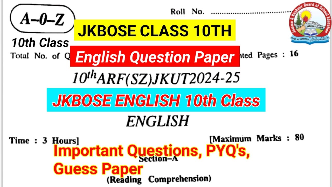 JKBOSE 10th Class English Paper 2024-2025 | Guess Paper |English ...