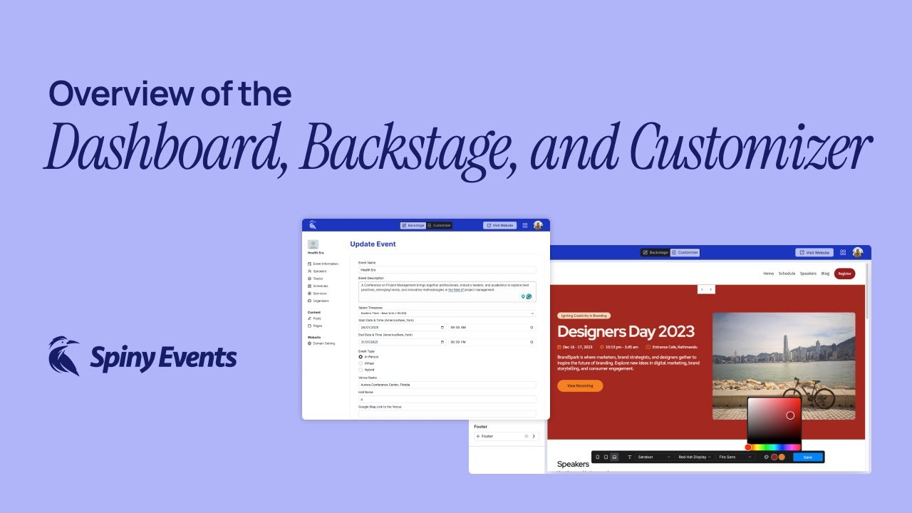 2. Overview of the Dashboard, Backstage, and Customizer in Spiny Events - YouTube