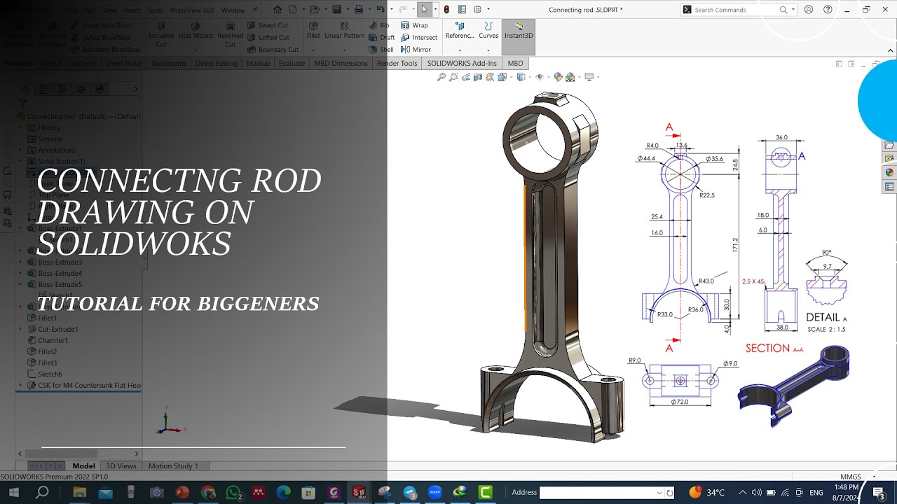 CONNECTING ROD DRAWING SOLIDWOKS TUTORIAL BIGGENER(رسم زراع التوصيل ...