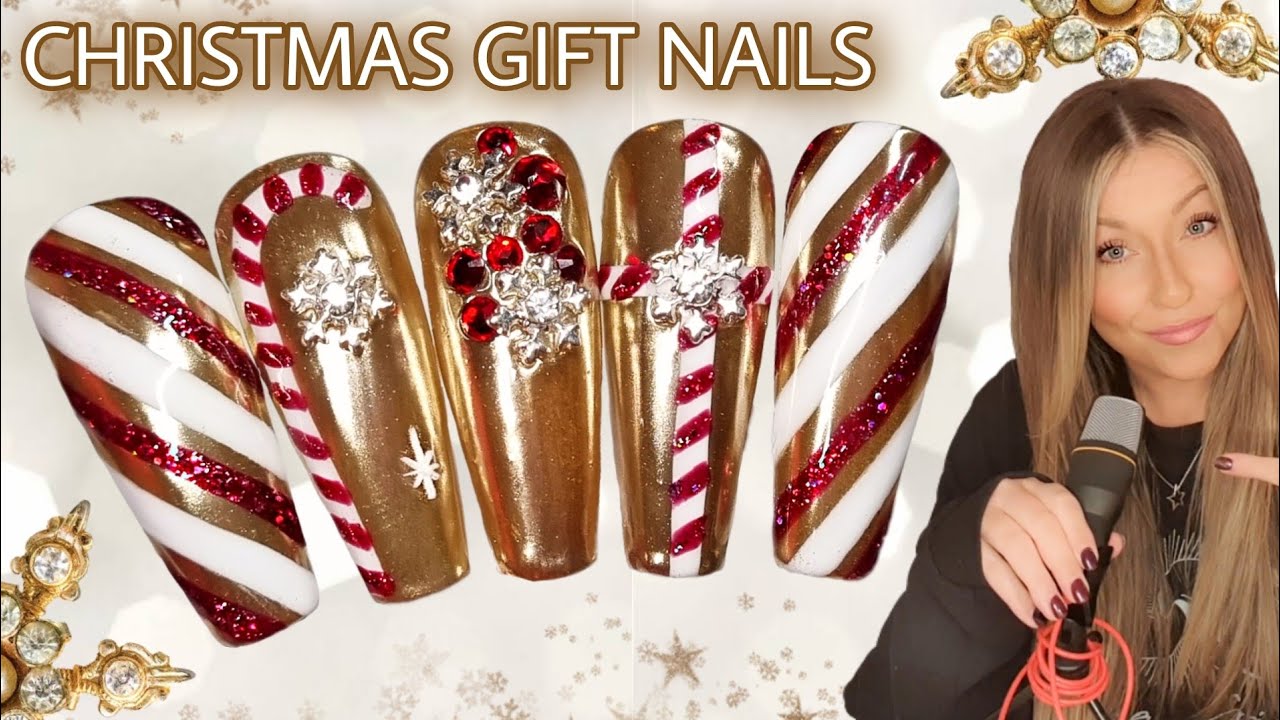 🎁 Christmas Gift Nails | Easy Nail Art Design | Gold Chrome Candy Cane ...