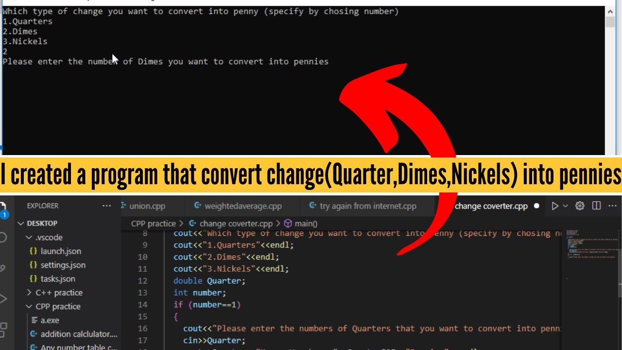 A C++ program for converting change into pennies. - YouTube