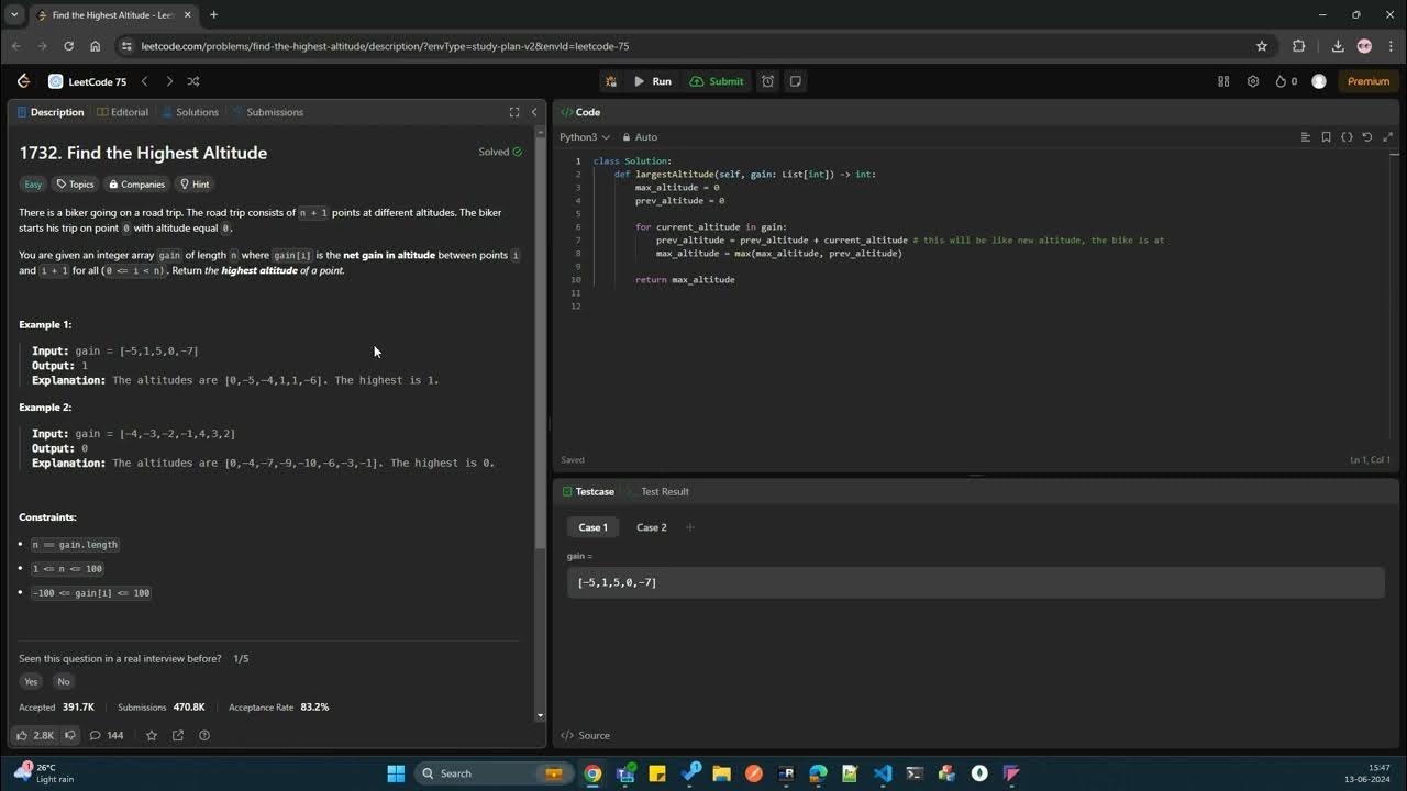Leet Code 1732 - Find the Highest Altitude - YouTube
