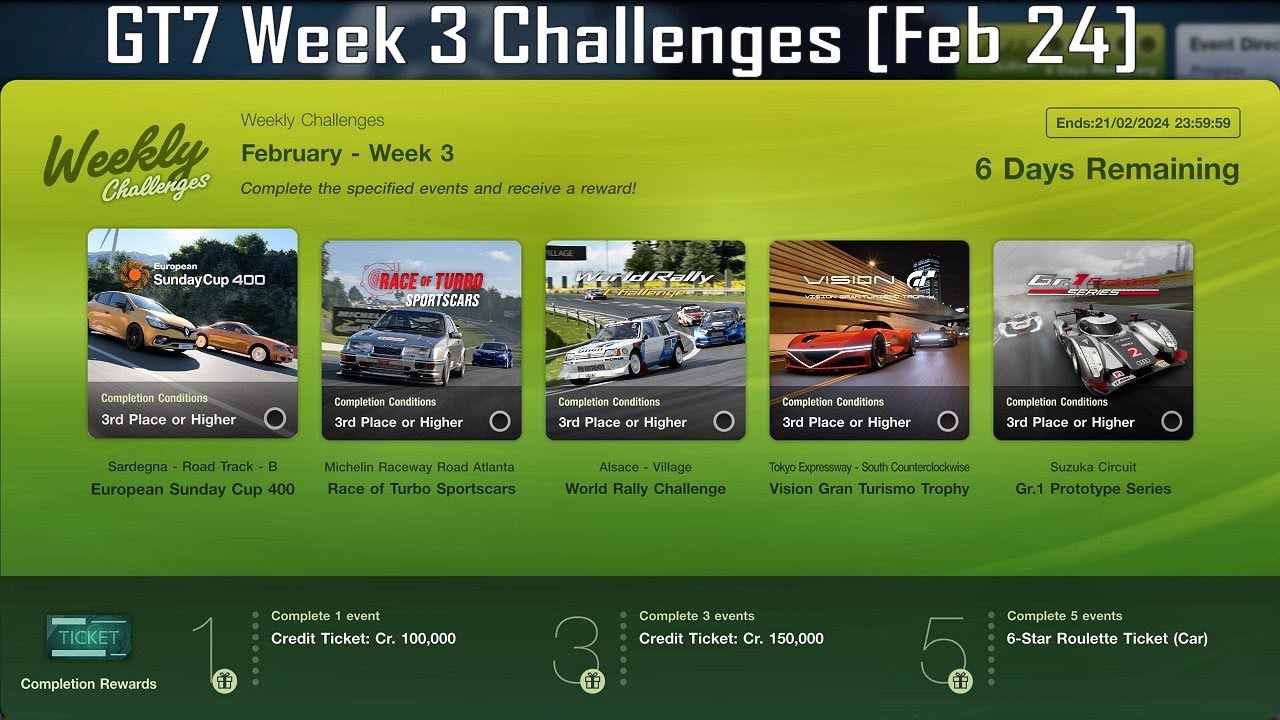 GT7: Weekly Challenges Week 3 (Feb24) Earn 750k & Car in 50 mins! Gran ...