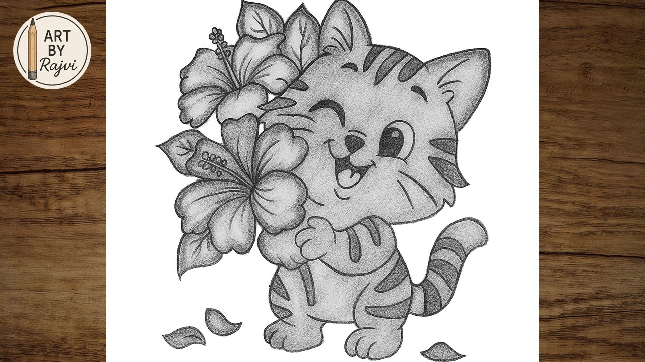 Easy Cat with Flowers Drawing (Chitra) - So Cute & Simple for Beginners ...
