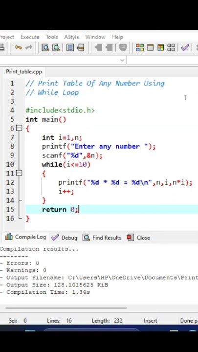 Print Multiplication Table Of Any Numbers Using While Loop Clanguage Shots C Coding