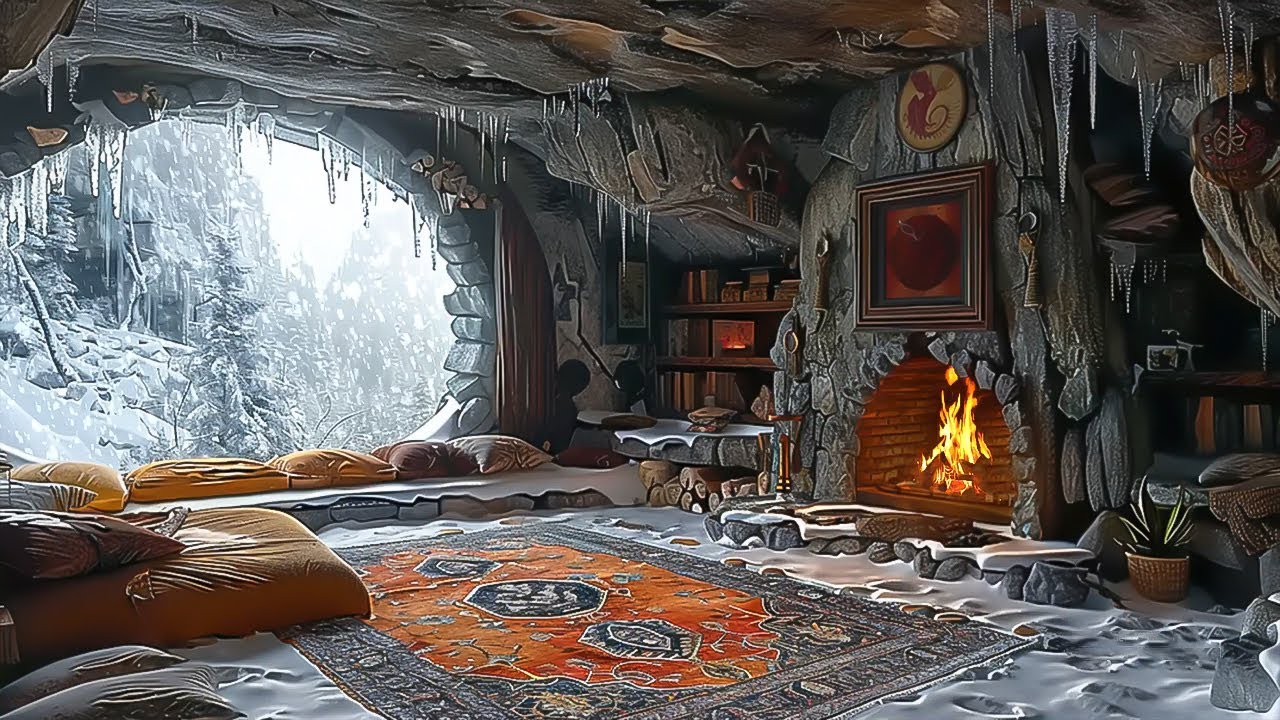 Deep Sleep in Cozy Cave with Snowstorm Sounds and Gentle Snowfall for ...