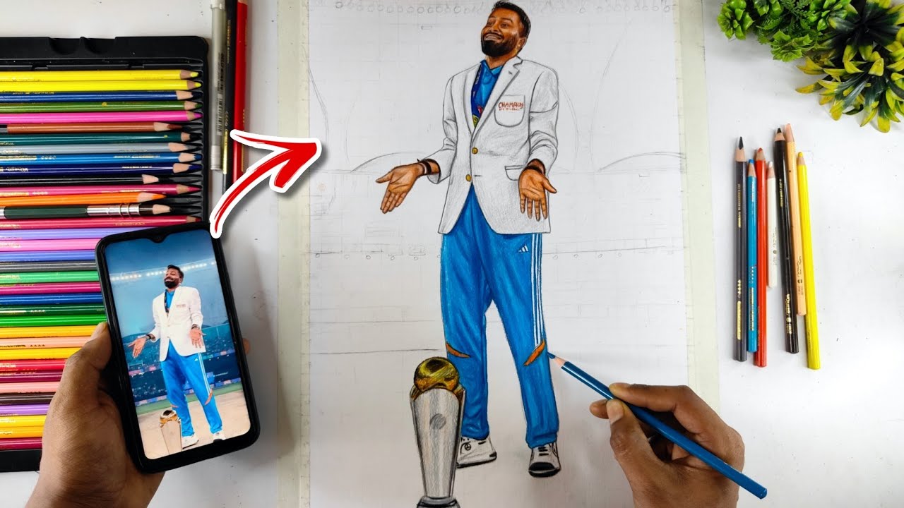 Hardik Pandya Drawing With ICC Champion Trophy 🏆Color Pencil, How To ...