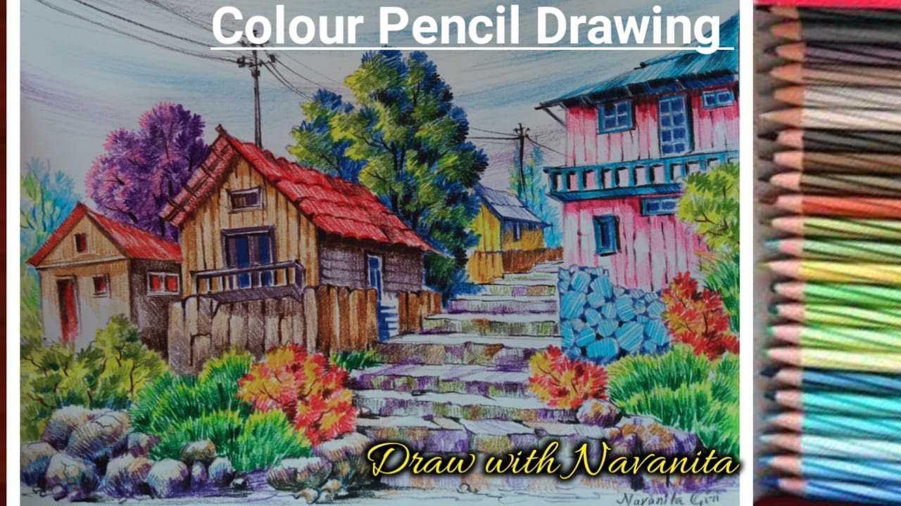 COLOUR PENCIL SCENERY DRAWING//ONLINE CLASS DEMO - YouTube