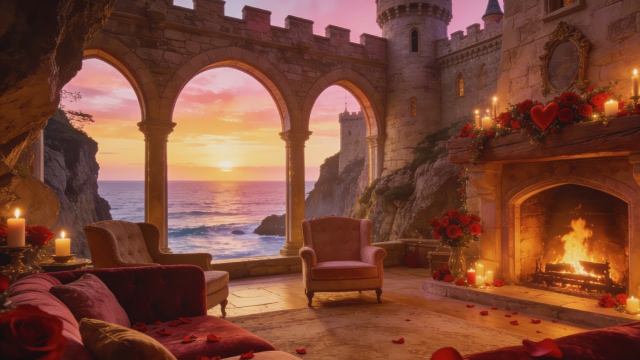 Cozy Castle Fireplace & Ocean Sounds 🌊🔥 Romantic Valentine’s Dusk ...
