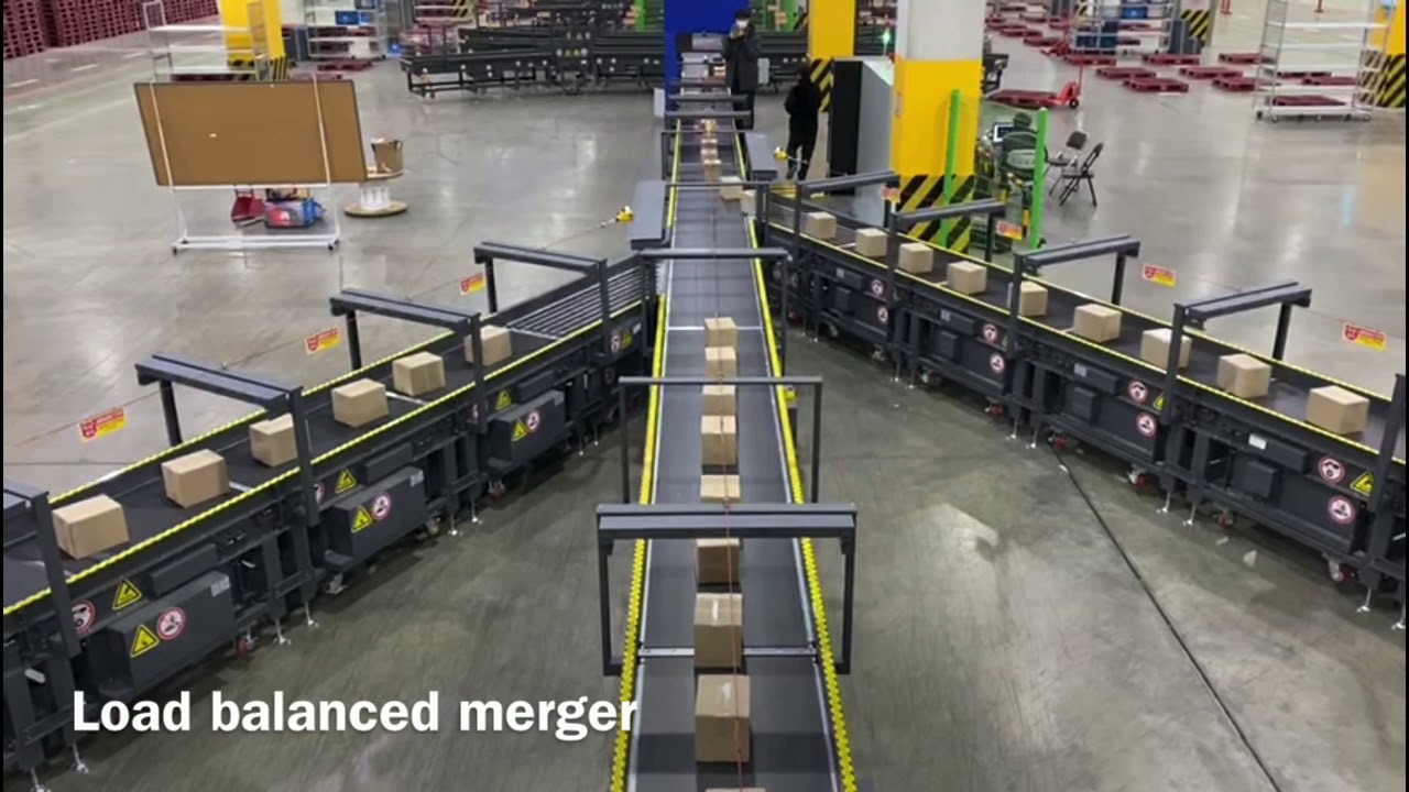 3 to 1 merge conveyor induction - YouTube