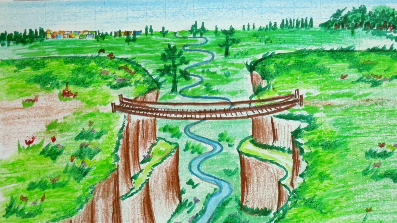 How to draw a canyon and bridge with a green panoramic | Scenery ...