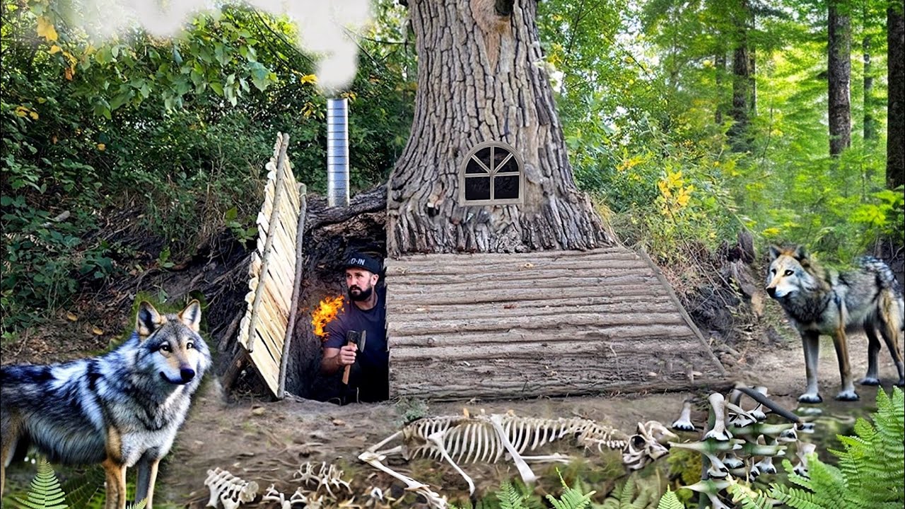 Building a secret shelter in a wolf's den | wolves surround the hut ...