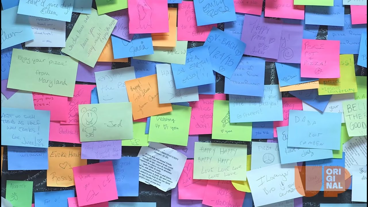 Sticky notes turn into 70,000 pizza slices for the homeless - YouTube