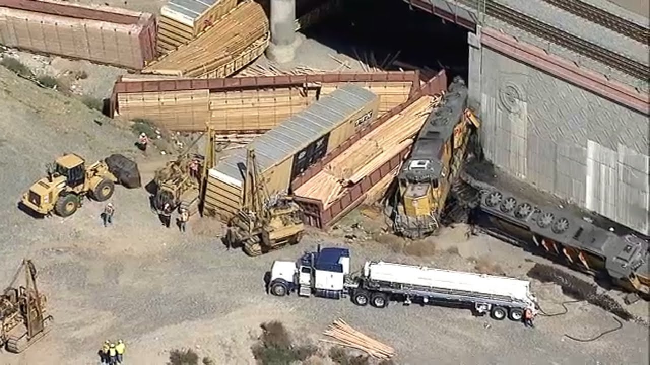 Union Pacific freight train hauling lumber derails in SoCal, sending 13 ...