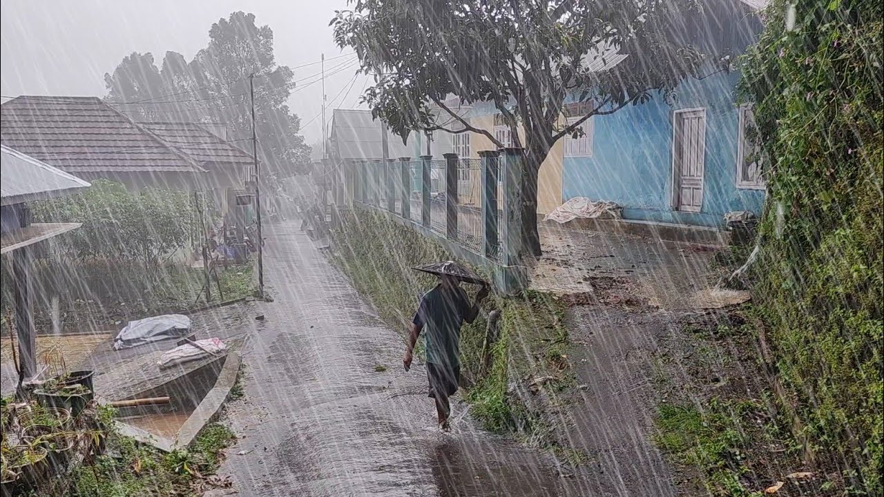 Walk in heavy rain and thunderstorms in rural Indonesia, heavy rain and ...