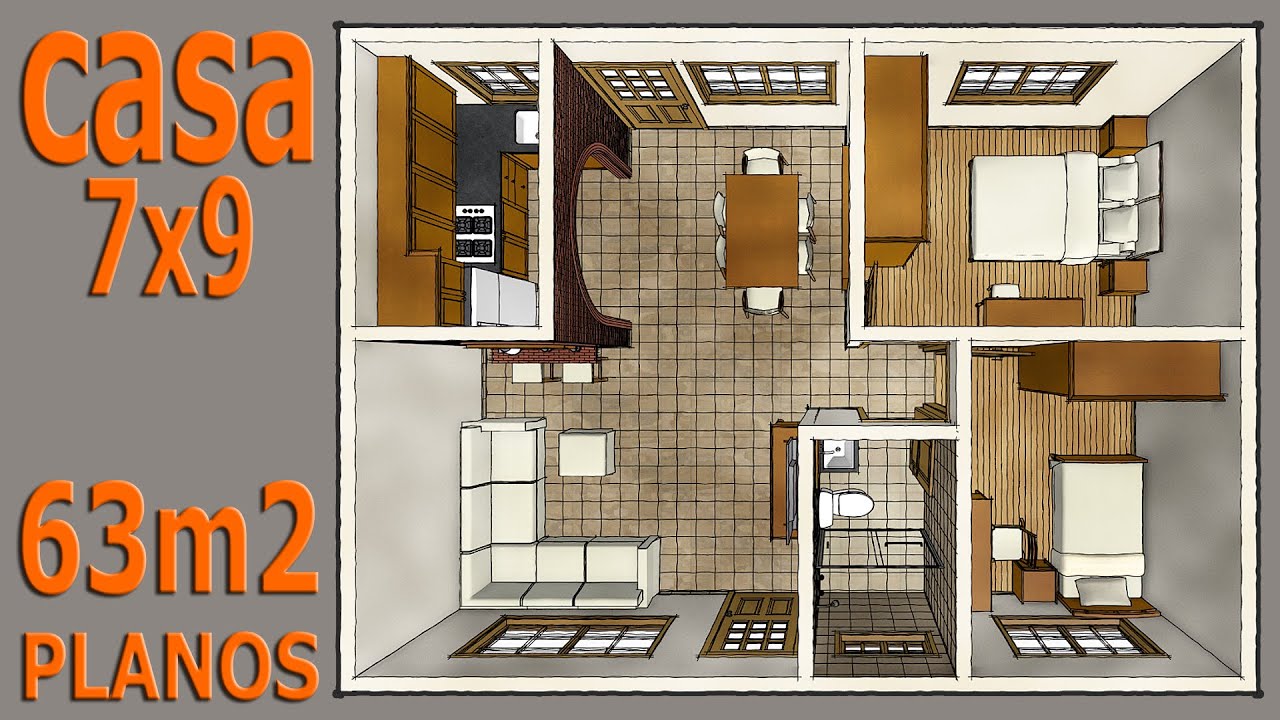 Casa de 63 m2. Plano de vivienda con 2 dormitorios, baño, sala ...