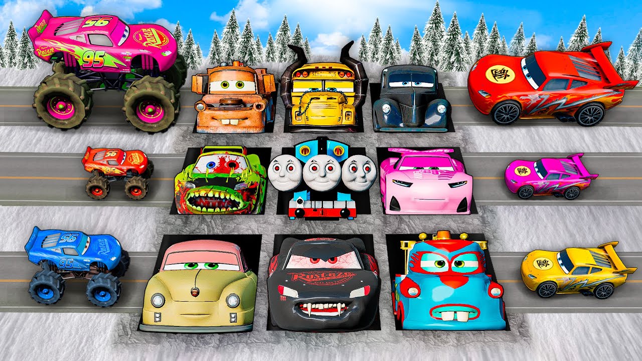 Mega pits with McQueen and Pixar Cars Vs Big & Small Lightning McQueen ...