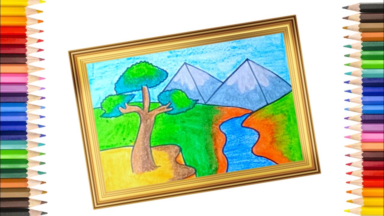 How To Draw A River Side Drawing|| Easy Scenery Drawing - YouTube