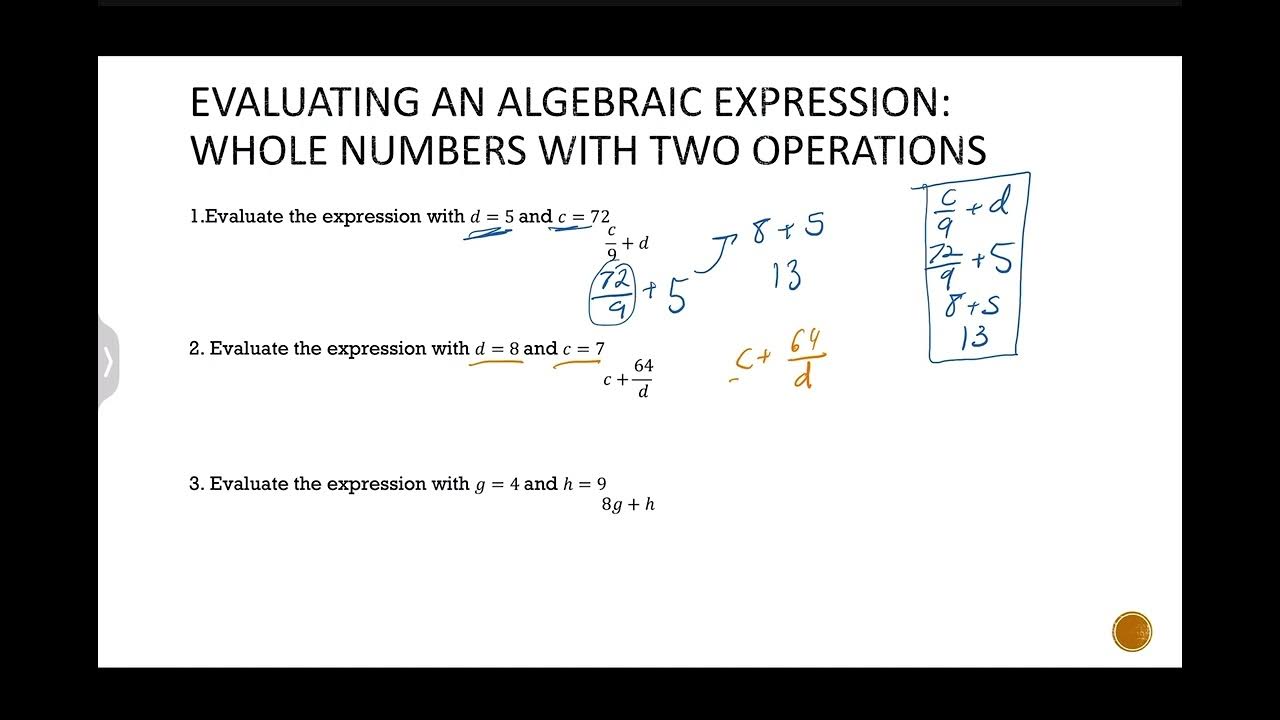 Evaluating an Algebraic Expression: Whole Numbers with Two Operations ...