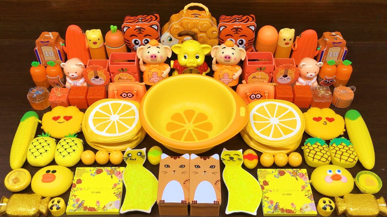 YELLOW vs ORANGE ! Mixing Random Things into CLEAR Slime ! Satisfying ...