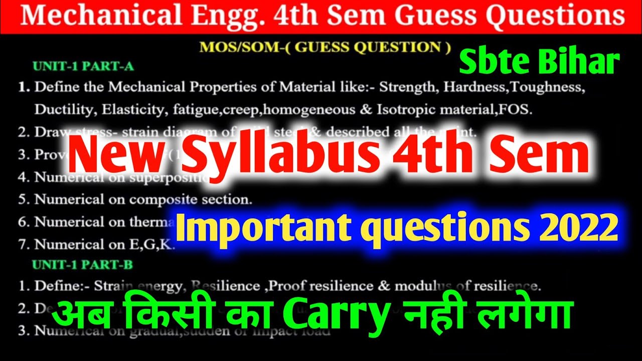 4th semester mechanical engineering || new syllabus 4th semester vvi Questions 2022 || sbte ...