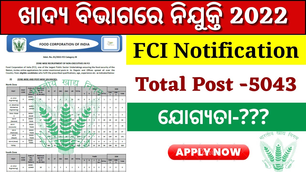 FCI Recruitment 2022 Odisha // Total Post 5043 // Food Corporation of ...