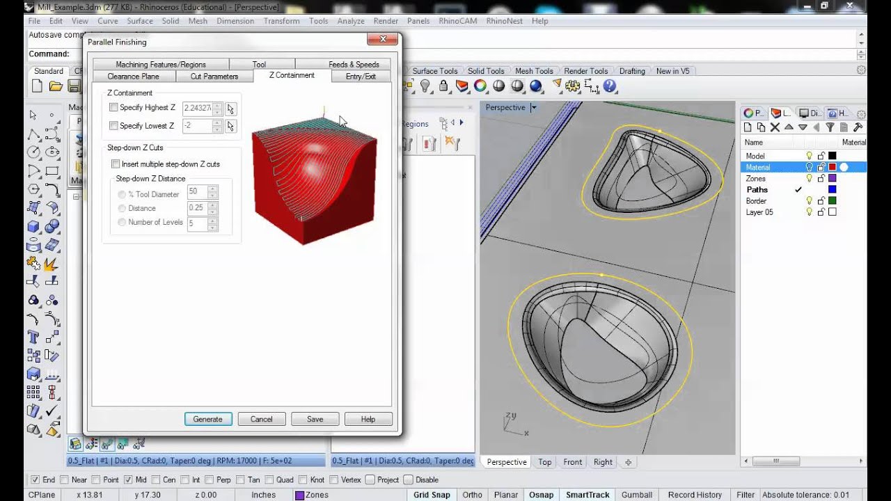 RhinoCAM: 3D Milling Operations Employing Parallel Finishing - YouTube