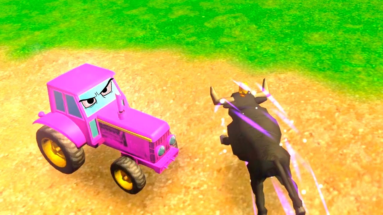 Tractor rosa y el pollito huyen del toro - YouTube