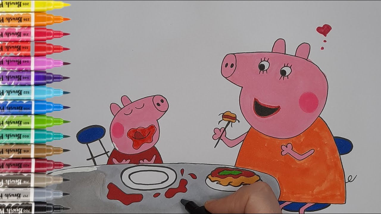 Drawing and Coloring Peppa Pig and Mummy Pig Eating Spaghetti 🐷🍝👵🌈 ...