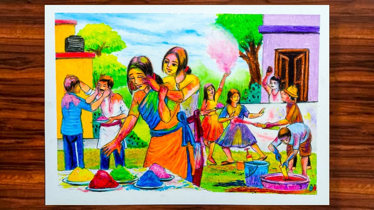 Holi Drawing | Holi Festival Drawing | Holi Scenery Drawing | Vasant ...