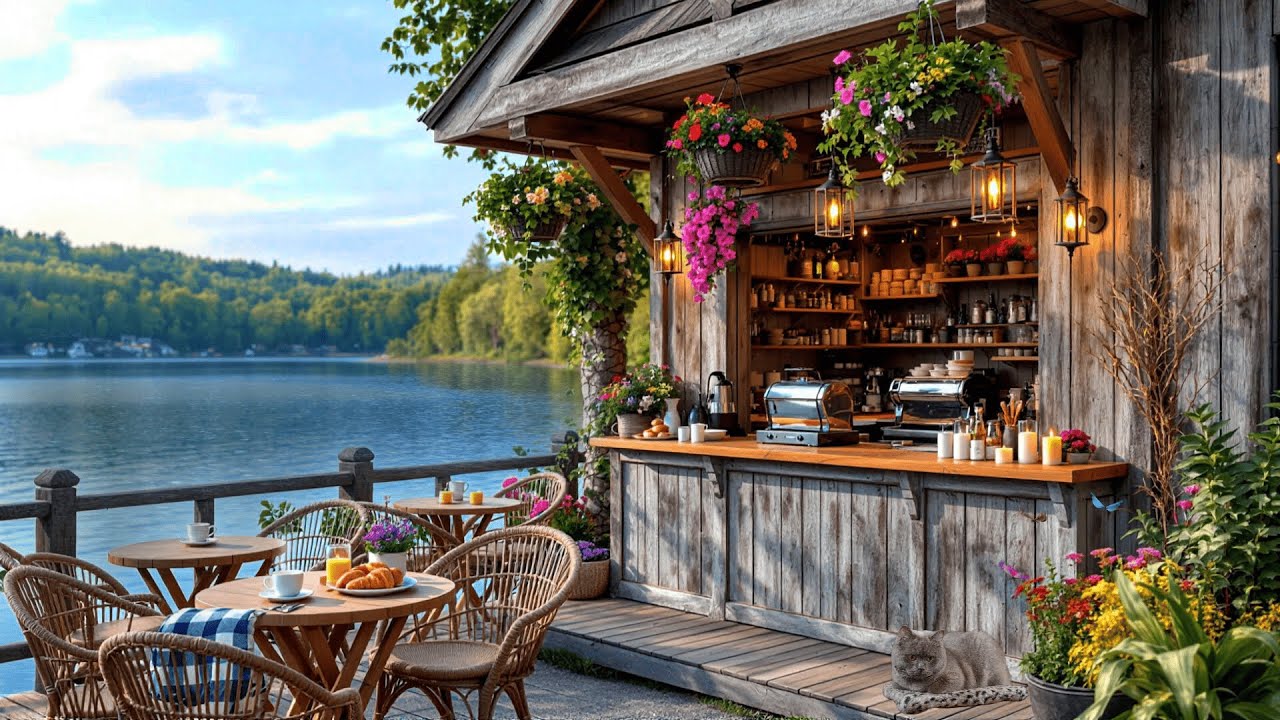 Cozy Outdoor Coffee Shop By Summer Lakeside Ambience with Smooth Jazz ...