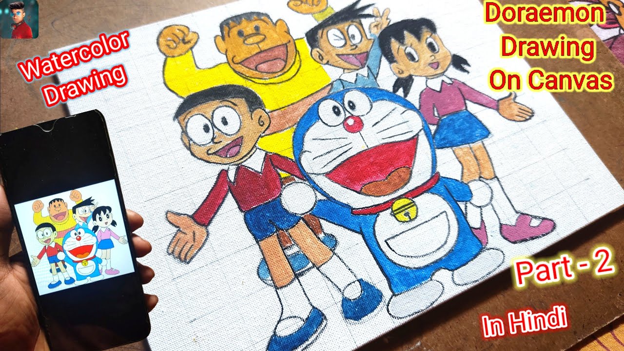 Doraemon Drawing On Canvas, Watercolor Drawing, Step by step | In Hindi ...