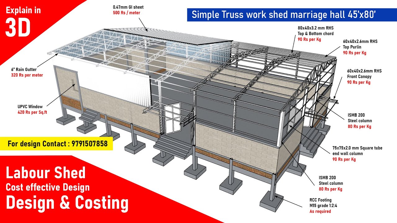 Simple truss work - 45ftx80ft - Marriage Function hall - Metal roofing ...