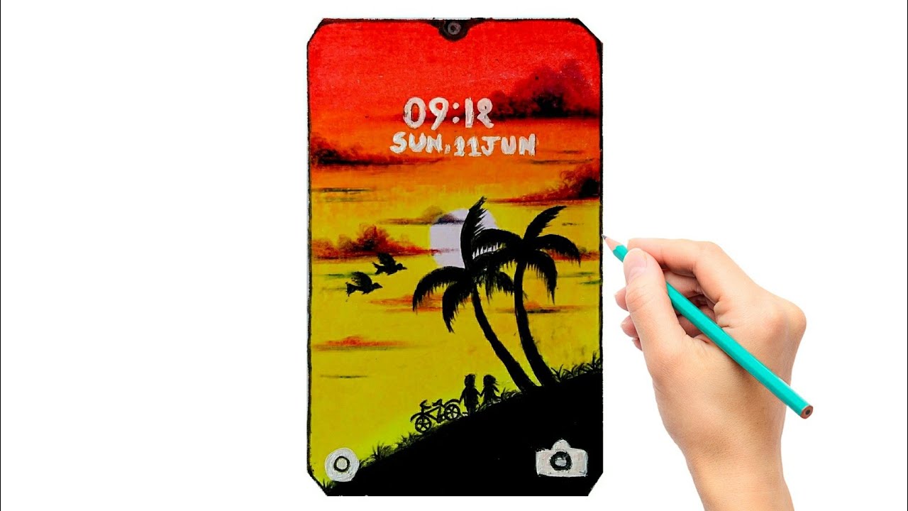 mobile phone wallpaper landscape drawing with oil pastel colour ...