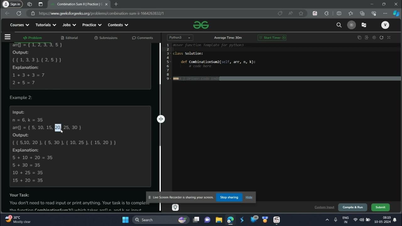 Combination Sum Ii Gfg Potd Python Solution Geeks For Geeks Problem Of The Day Youtube