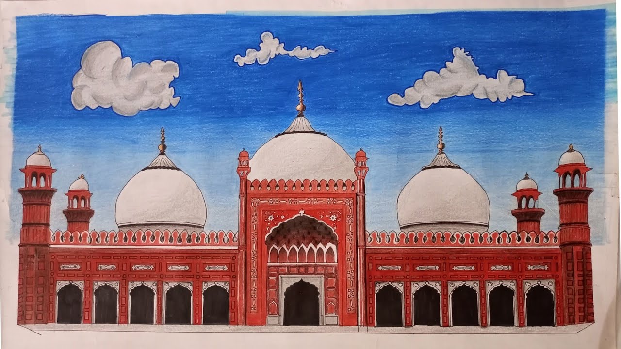 Mosque Drawing || How to draw Badshahi Mosque || badshahi mosque - YouTube