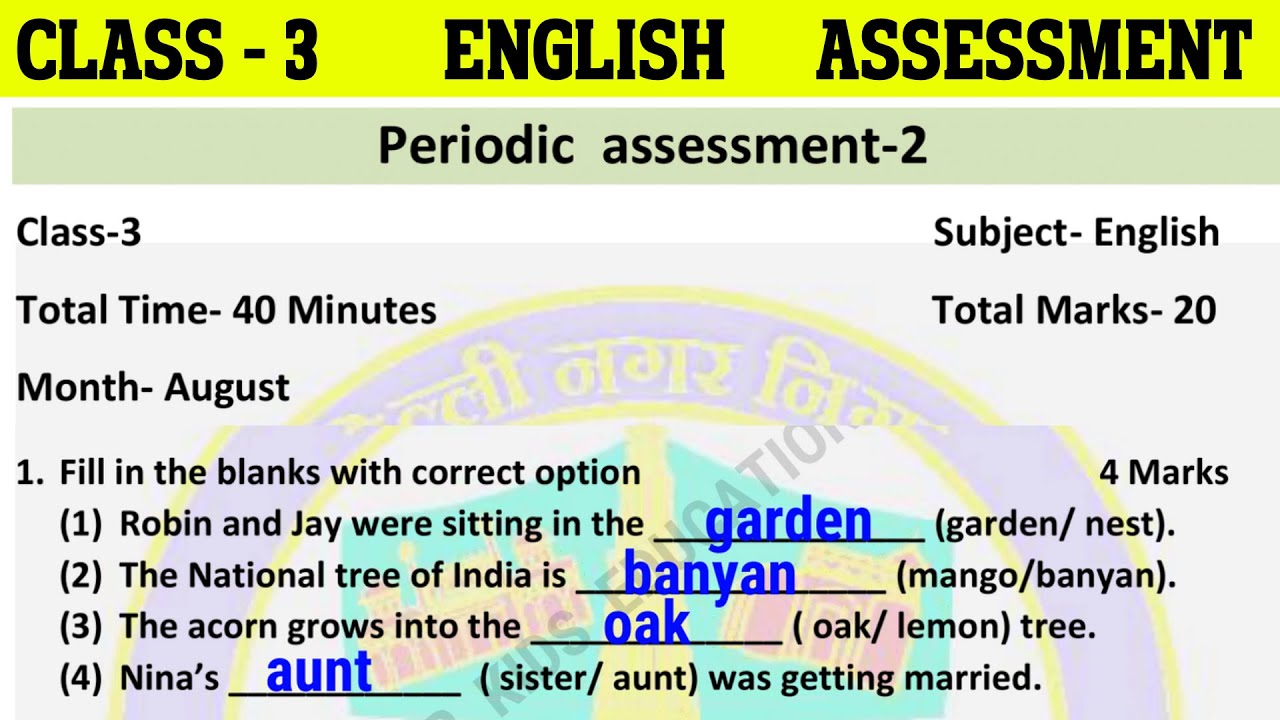 Class 3 English Assessment 2 | class 3 English test paper with solution ...