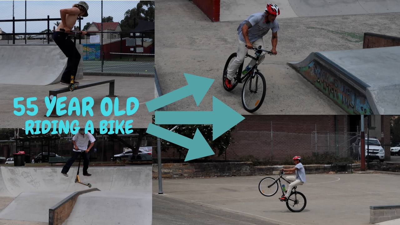 55 YEAR OLD RIDING A BIKE AT THE SKATEPARK - YouTube
