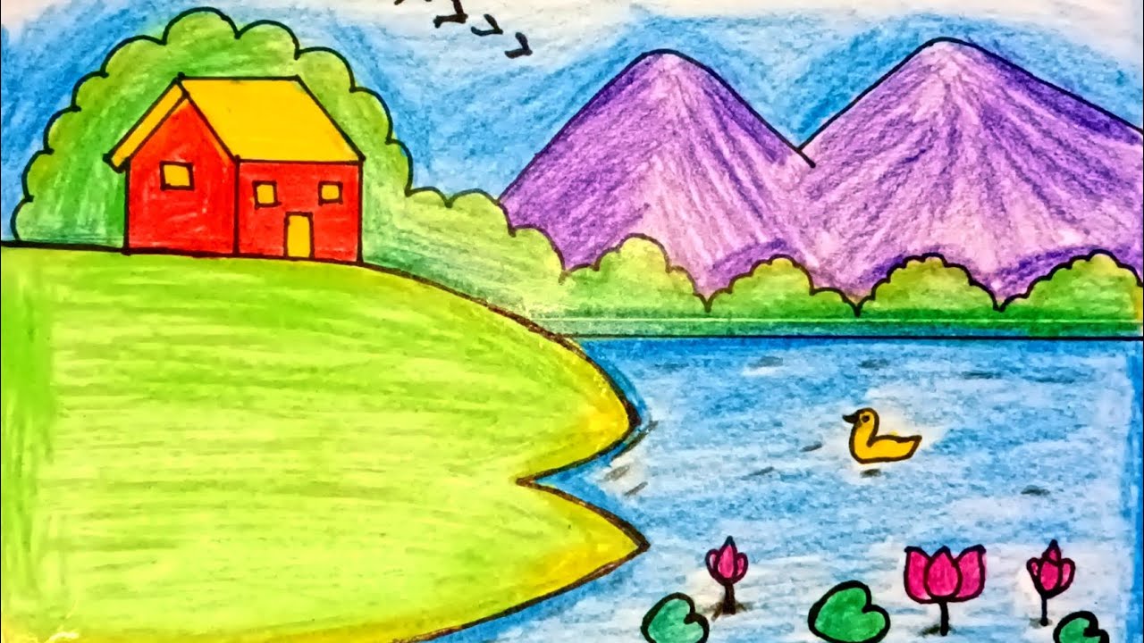 beautiful scenary House drawing || landscape drawing step by step - YouTube
