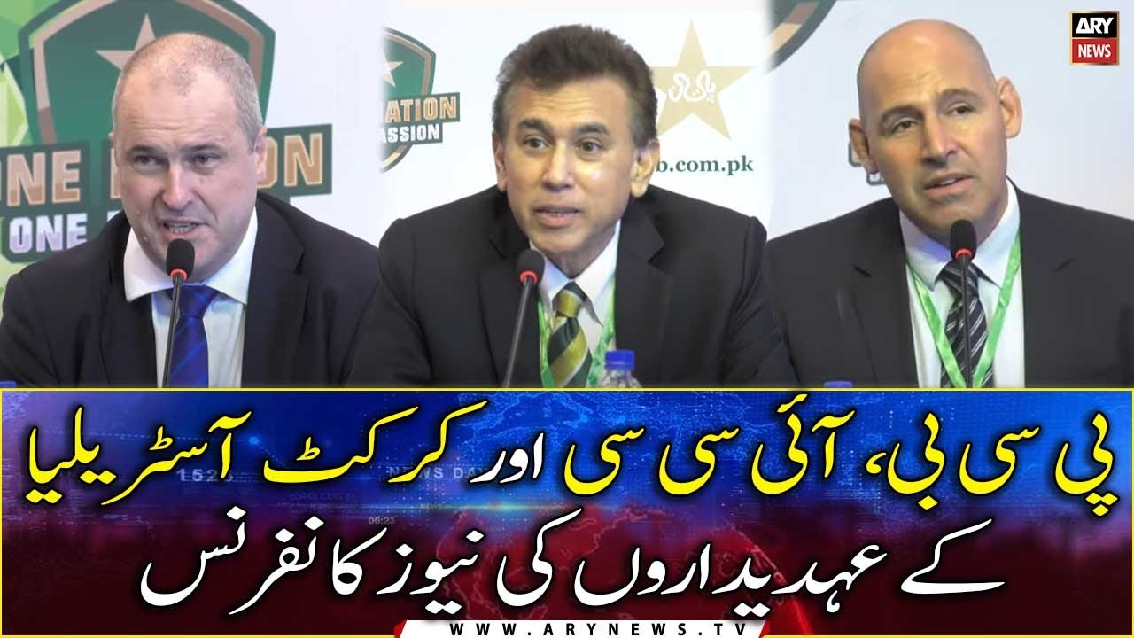 PCB CEO Faisal Hasnain, ICC CEO Geoff Allardice and CA CEO Nick Hockley ...