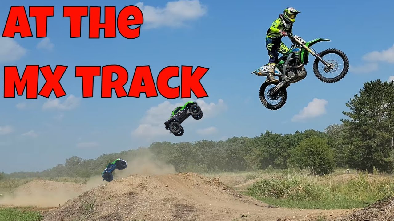 RC cars and dirt bikes at a motocross track - Rustler 4x4, Maxx, X-Maxx ...