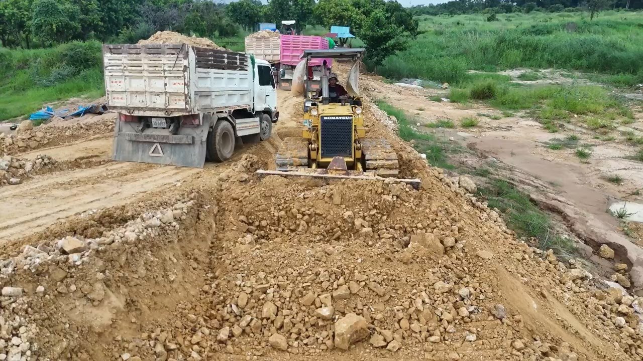 Great Action!! Mini Bulldozer KOMATSU D31P Clearing Dirt Filling Down The Wall In OF Bridge ...