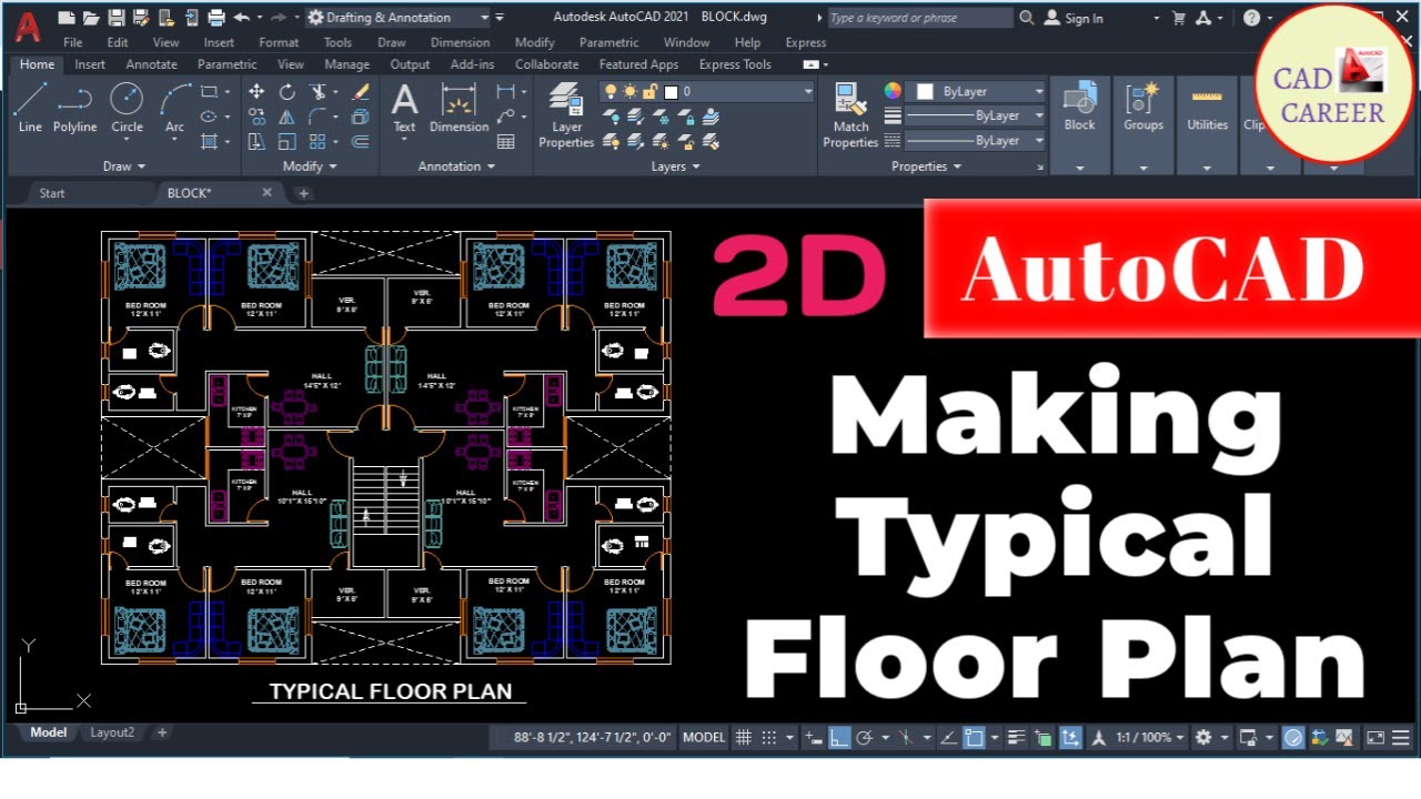 Typical Floor Plan in AutoCAD | Civil Architecture | AutoCAD Tutorial ...