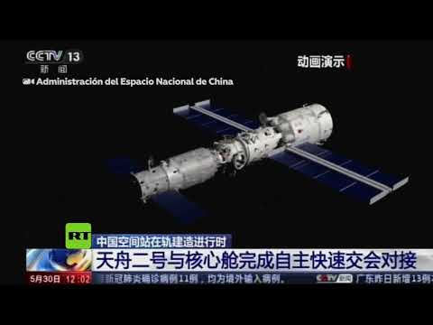 O módulo da estação espacial da China acopla com carga.