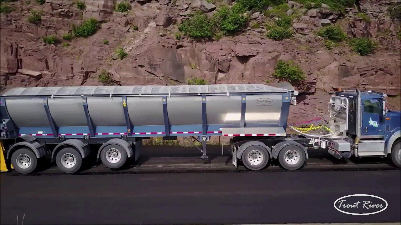 Trout River Live Bottom Trailers Paving Trans Labrador Highway - YouTube