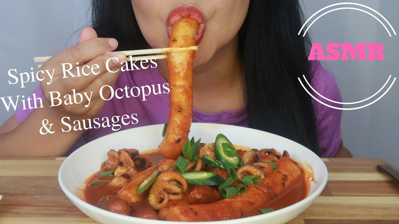 ASMR - Spicy Rice Cakes With Baby Octopus & Sausages Chewy Eating ...